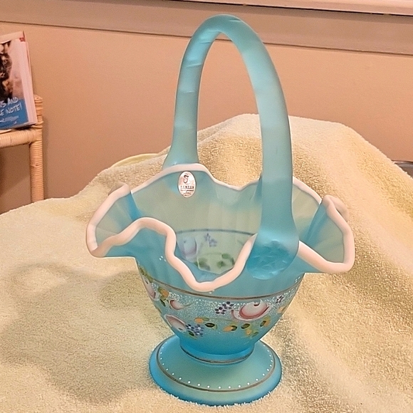 Fenton | Other | Fenton Signed Blue Satin Handpainted Basket | Poshmark